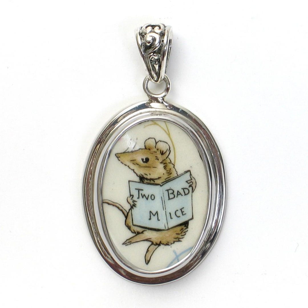 Broken China Jewelry Beatrix Potter Two Bad Mice Sterling Oval Pendant ...