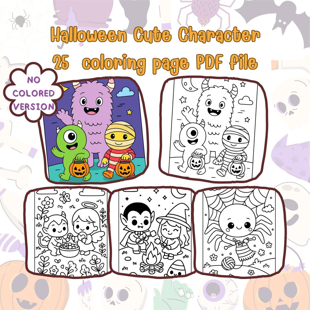 Halloween Cute Characters Coloring Pages | 25 Printable PDF Sheets ...