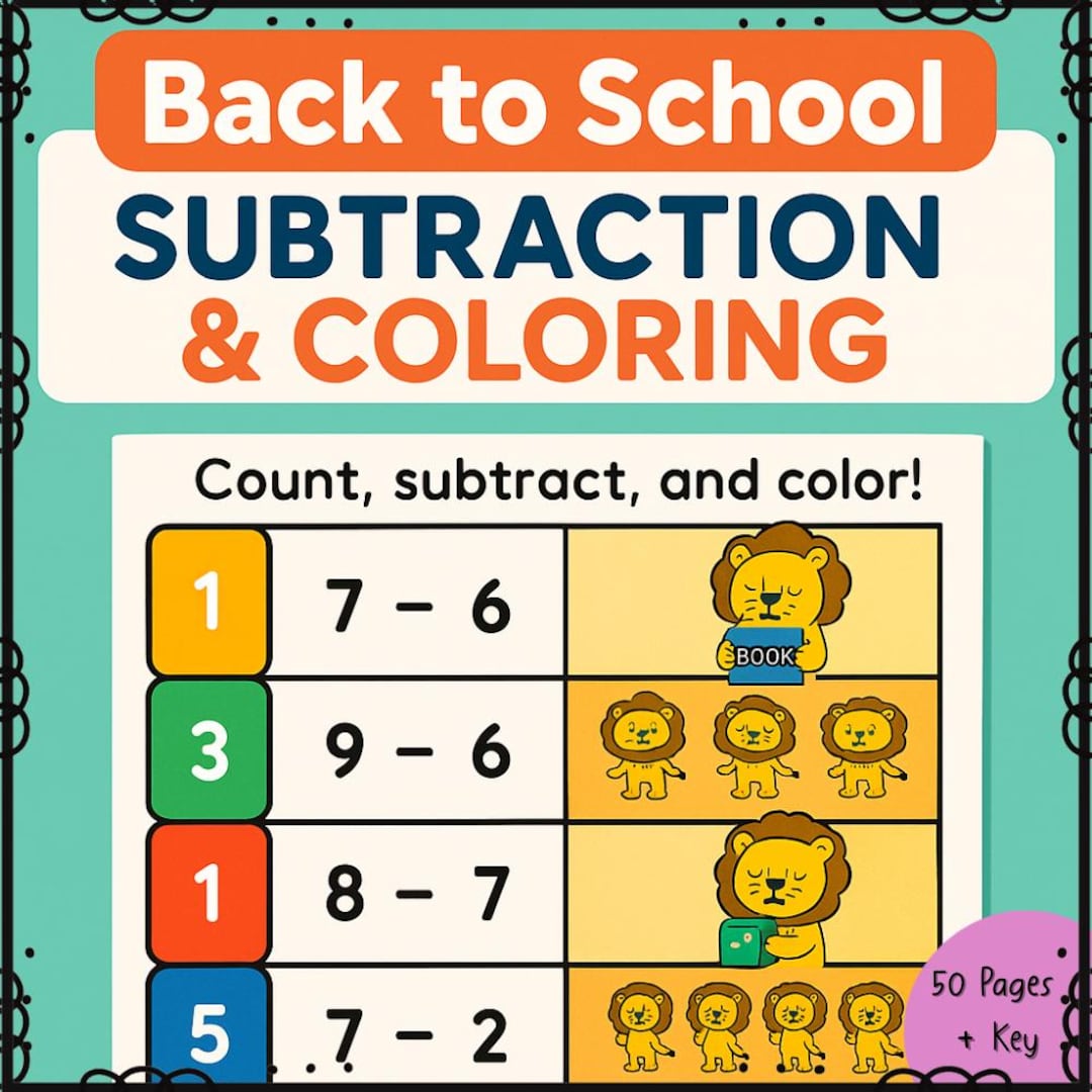 Back to School Subtraction Worksheets | Counting and Coloring Math ...