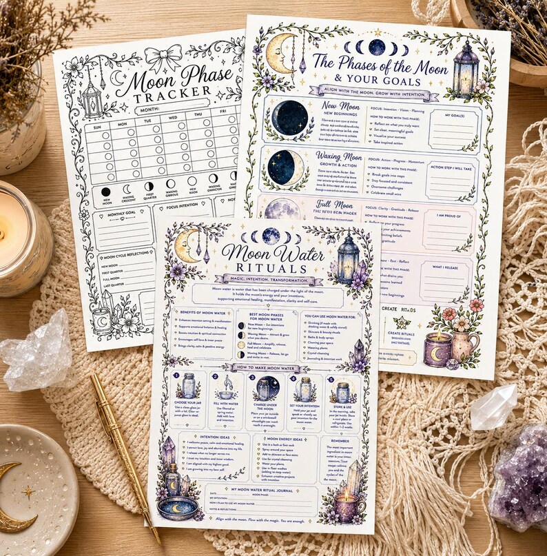 Moon Phase Tracker Printable Bundle | Lunar Journal Pages, Moon Rituals ...