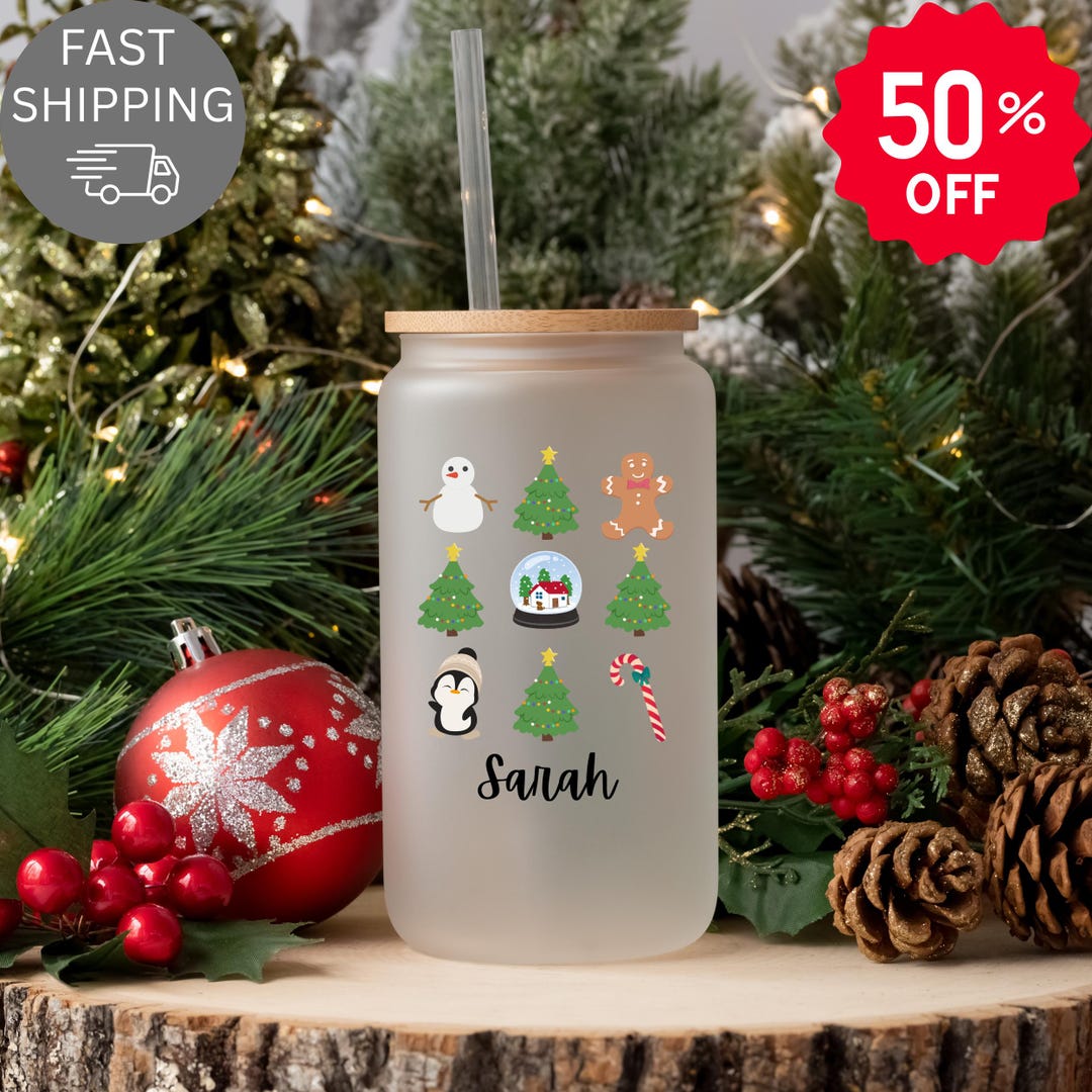 Personalized Christmas Frosted Glass Cup, Custom Holiday Cup With Name ...