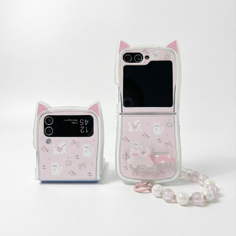 Pink Cat Ear Z Flip Phone Case With Pearl Strap & Stand, Cute Kawaii ...