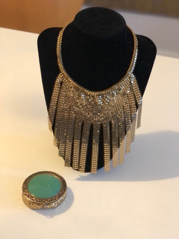 Vintage Evans mesh enamel necklace compact set - Gem