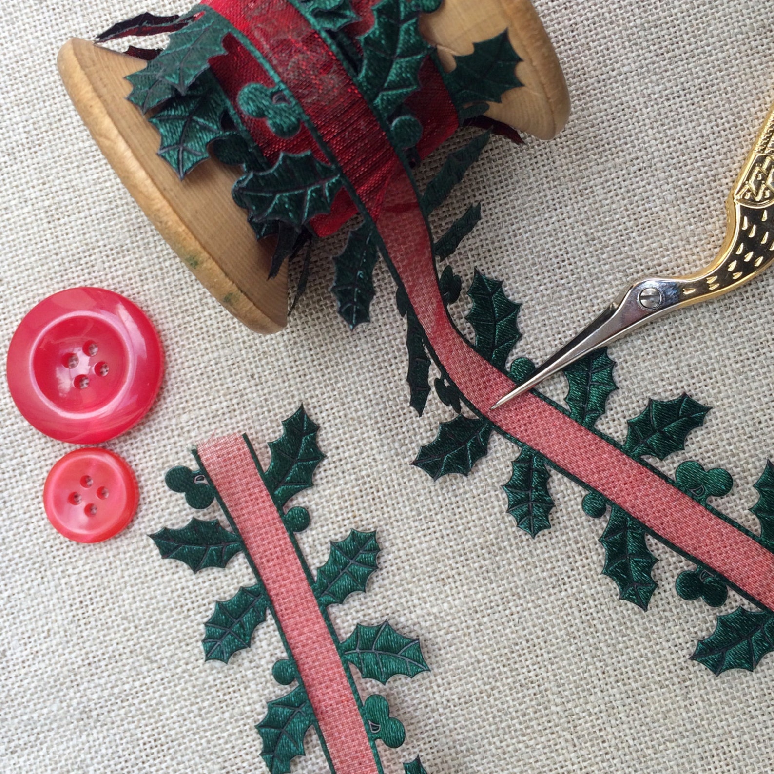 Holly Ribbon With Red or Green Sheer Centre. Christmas Ribbon. - Etsy
