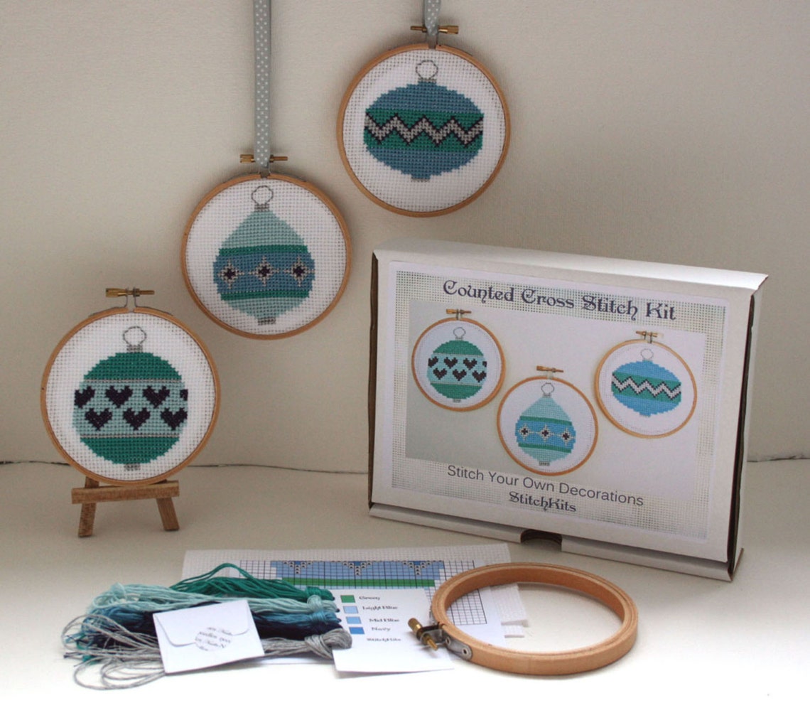 Cross Stitch Kit Christmas Baubles Hoop Ornaments. Modern | Etsy