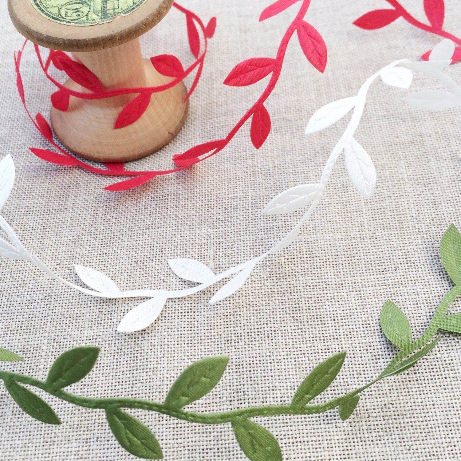 Leaf Ribbon. Cut Out Leaf Trim in Red, Green or Ivory. Christmas Ribbon ...