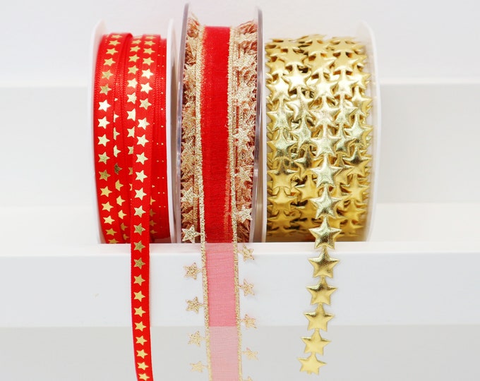 Gold and Red Star Christmas Ribbon Collection - Etsy