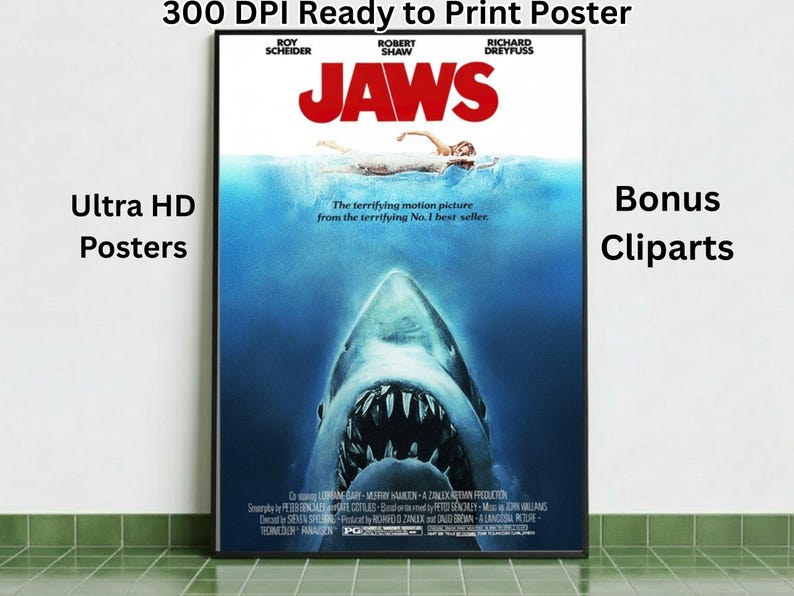 Jaws (1975) Vintage Movie Poster | Minimalist Retro Wall Art | Digital ...