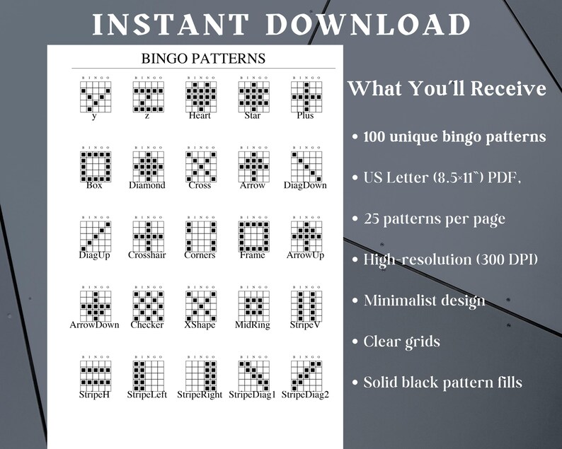100 Printable Bingo Patterns • 5x5 Grids • Pattern Call Cards • Instant ...