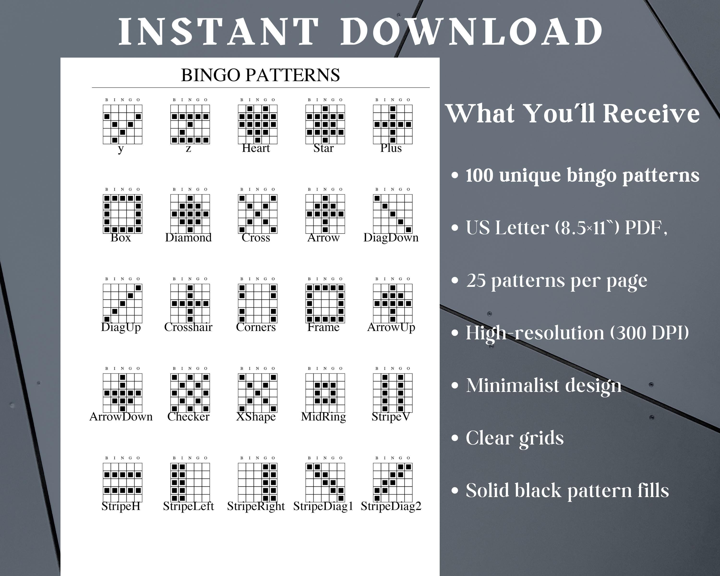 100 Printable Bingo Patterns • 5x5 Grids • Pattern Call Cards • Instant ...