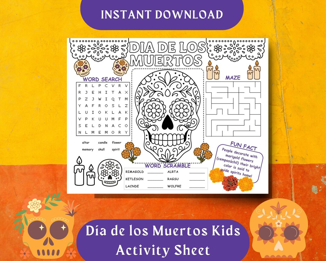 Día De Los Muertos Kids Activity Sheet: Sugar Skull Coloring, Maze ...