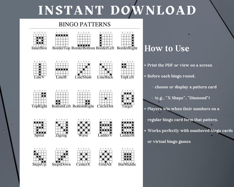 100 Printable Bingo Patterns • 5x5 Grids • Pattern Call Cards • Instant ...
