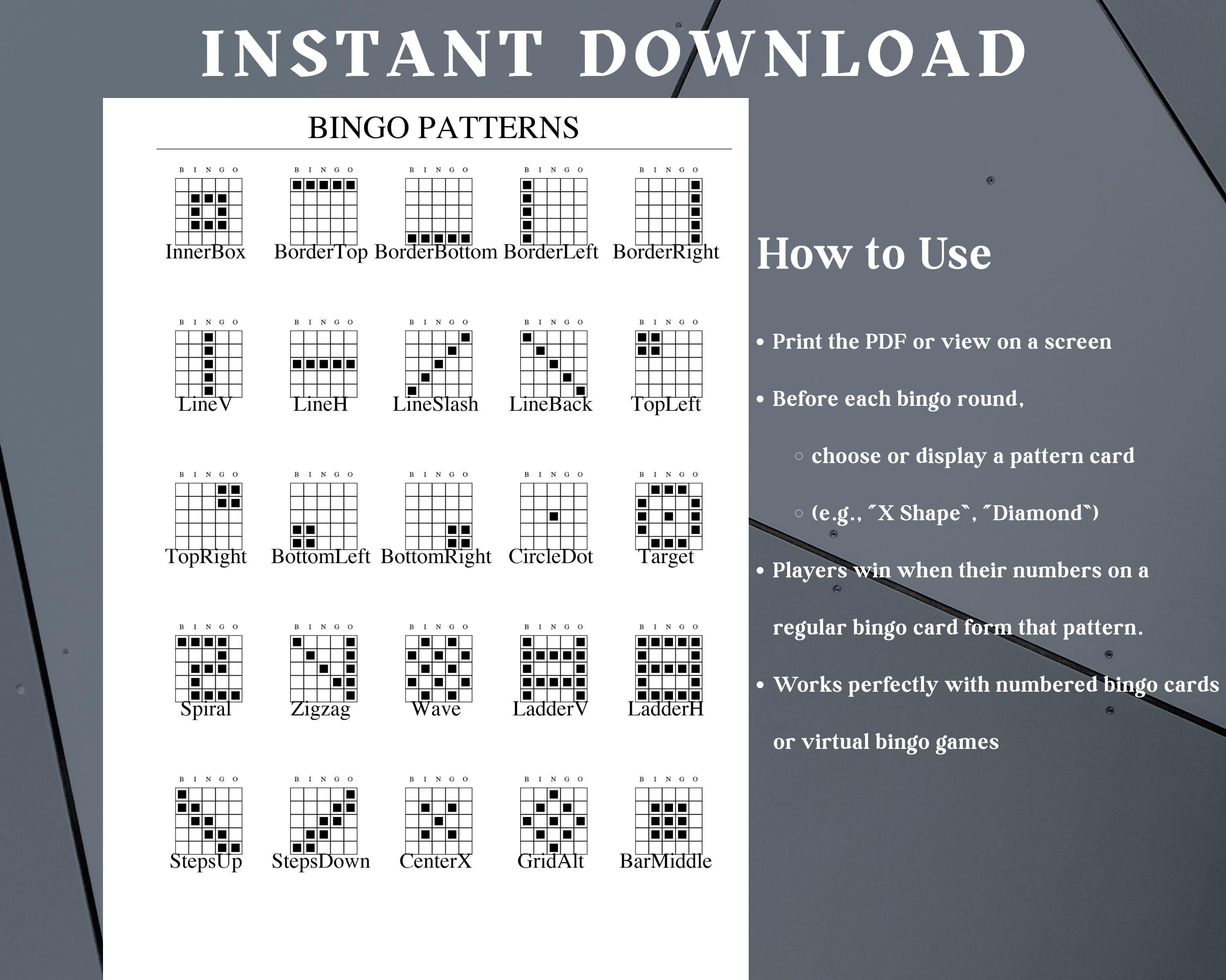 100 Printable Bingo Patterns • 5x5 Grids • Pattern Call Cards • Instant ...