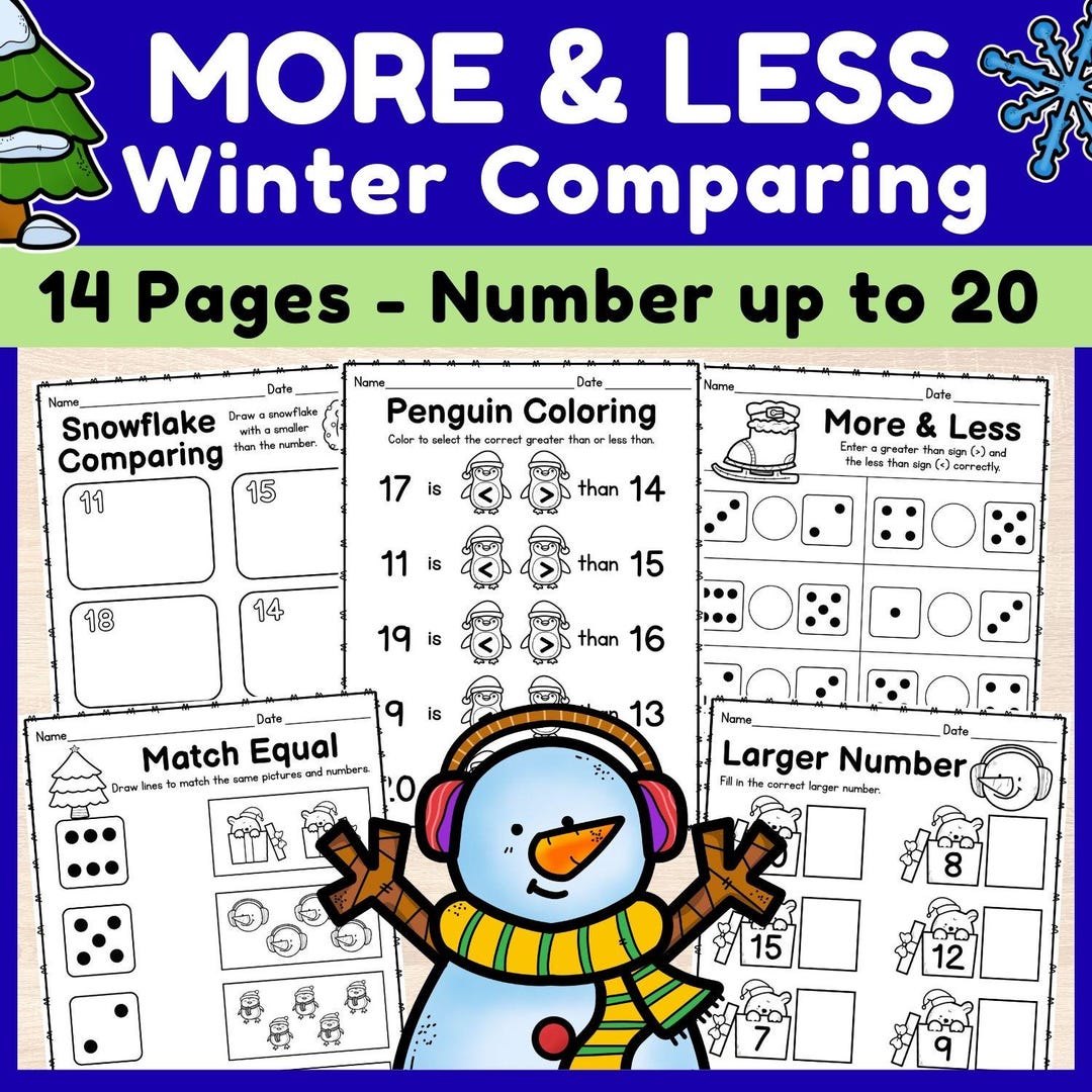 Winter Math Worksheets More and Less Comparing Numbers to 20 Activities ...