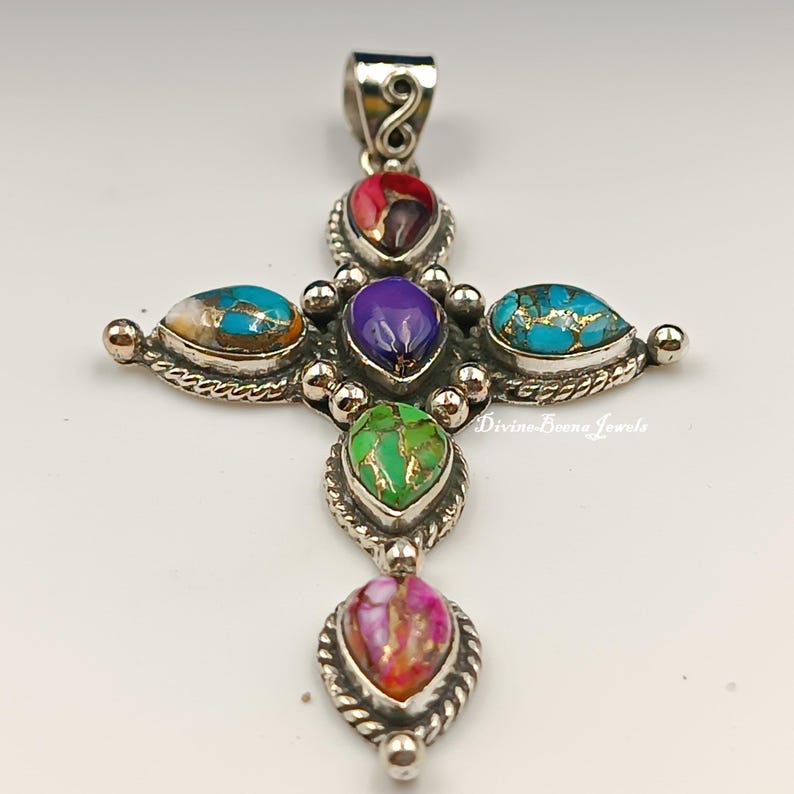 Vibrant Multi-stone Cross Pendant | Sterling Silver Dhalia, Turquoise ...