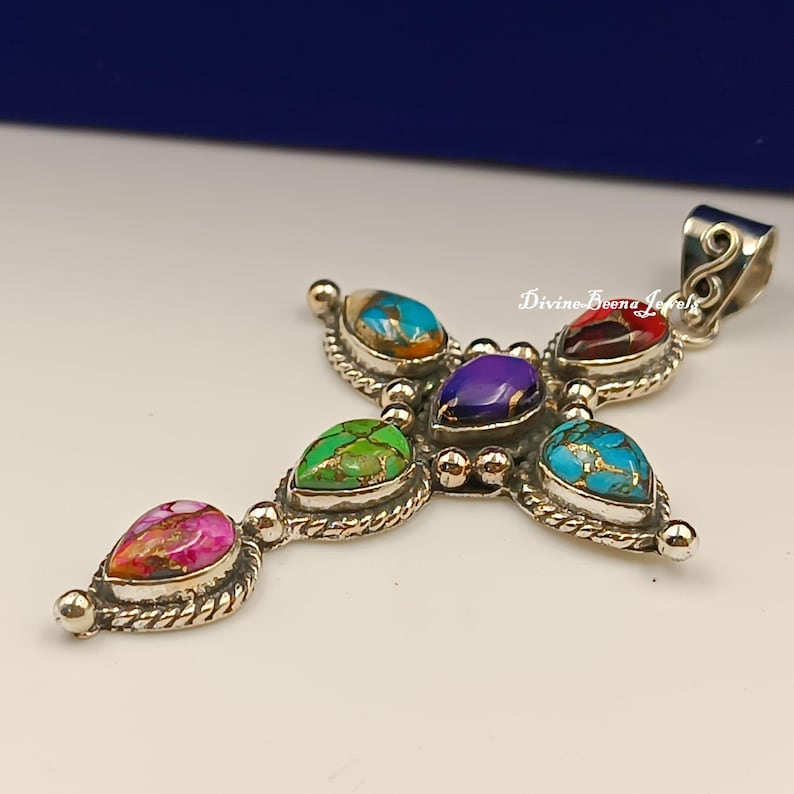 Vibrant Multi-stone Cross Pendant | Sterling Silver Dhalia, Turquoise ...
