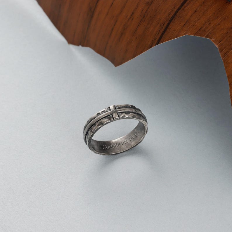 Engraved Cross Ring, 925 Sterling Silver Men's Band - Etsy