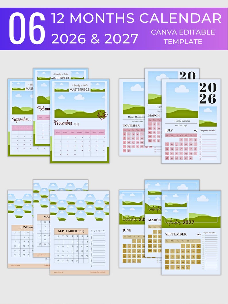 Editable Canva Photo Calendar for 2026 and 2027, 6 Unique 12-month ...