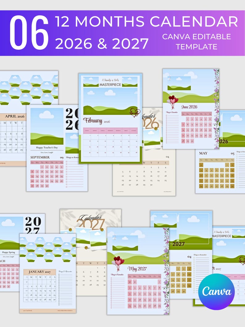 Editable Canva Photo Calendar for 2026 and 2027, 6 Unique 12-month ...