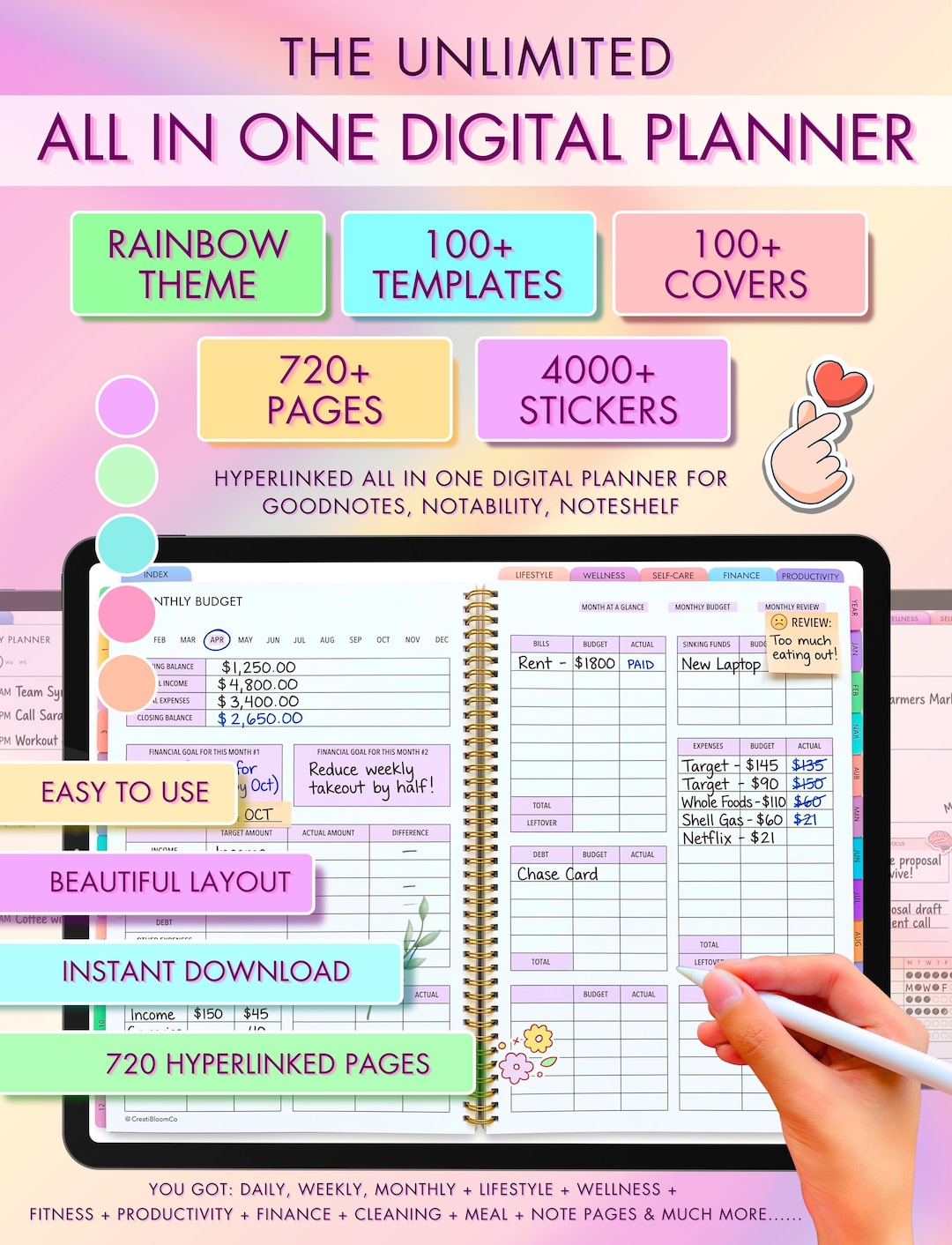 All-in-one Digital Planner for Ipad, Rainbow Theme Planner, Weekly ...