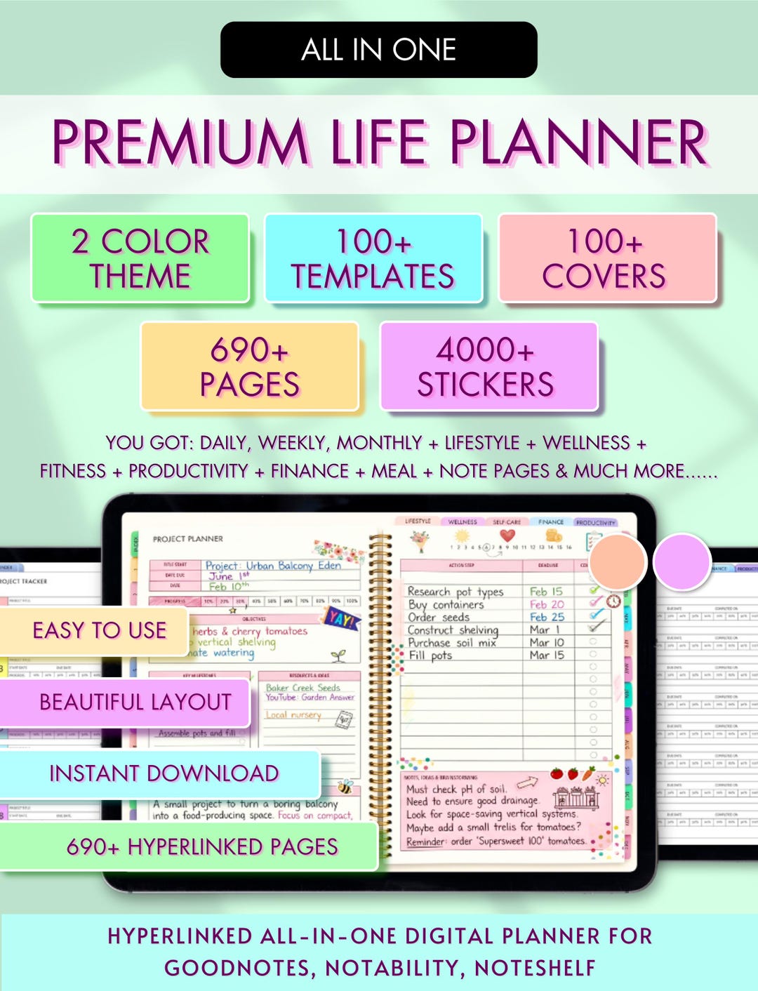 All-in-one Premium Life Planner Goodnotes, Soft Aesthetic Digital ...