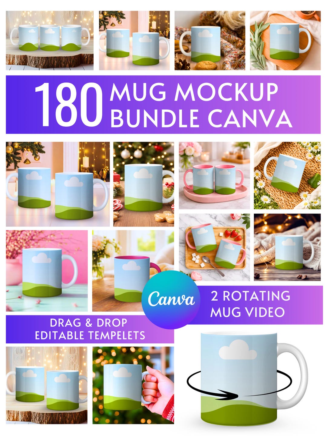 180 Editable Mug Mockups Bundle Canva Templates, 2 Rotating Mug Mockup ...