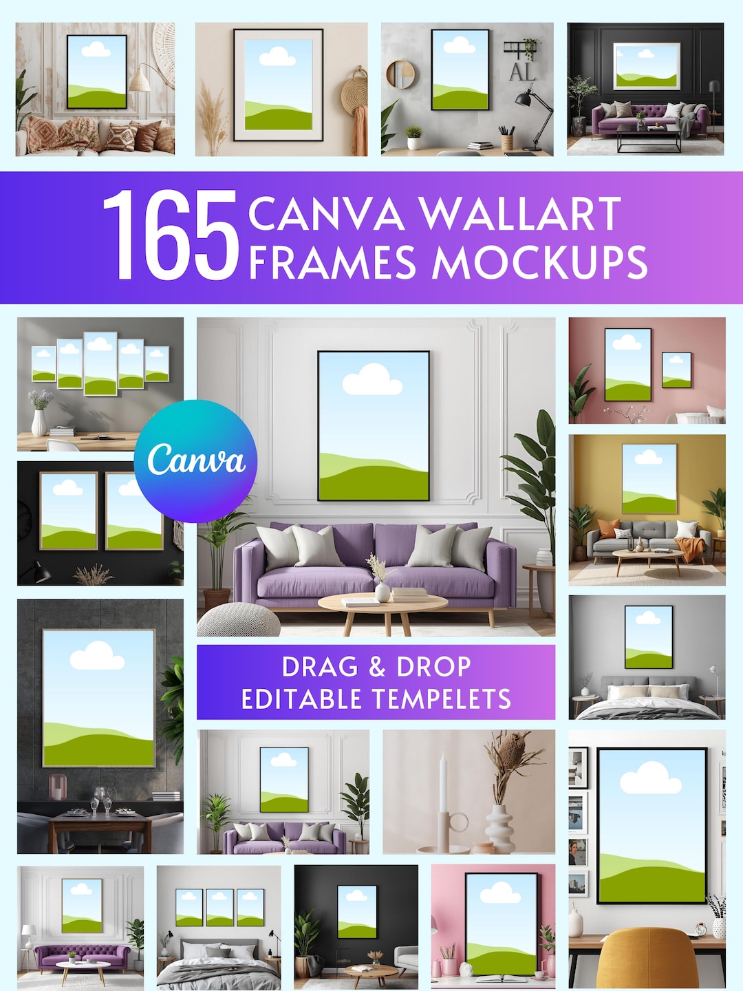 Canva Wall Art Frame Mockup Bundle: Drag & Drop Home Décor Scenes ...