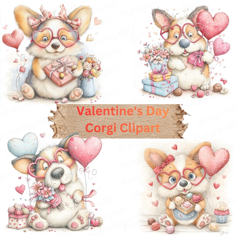 Valentine’s Day Corgi Clipart, 16 JPG Cute Cartoon Dog Illustration ...