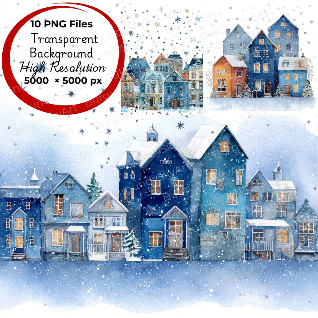 Winter Village Houses Clipart, Blue Christmas Street PNG, Watercolor ...