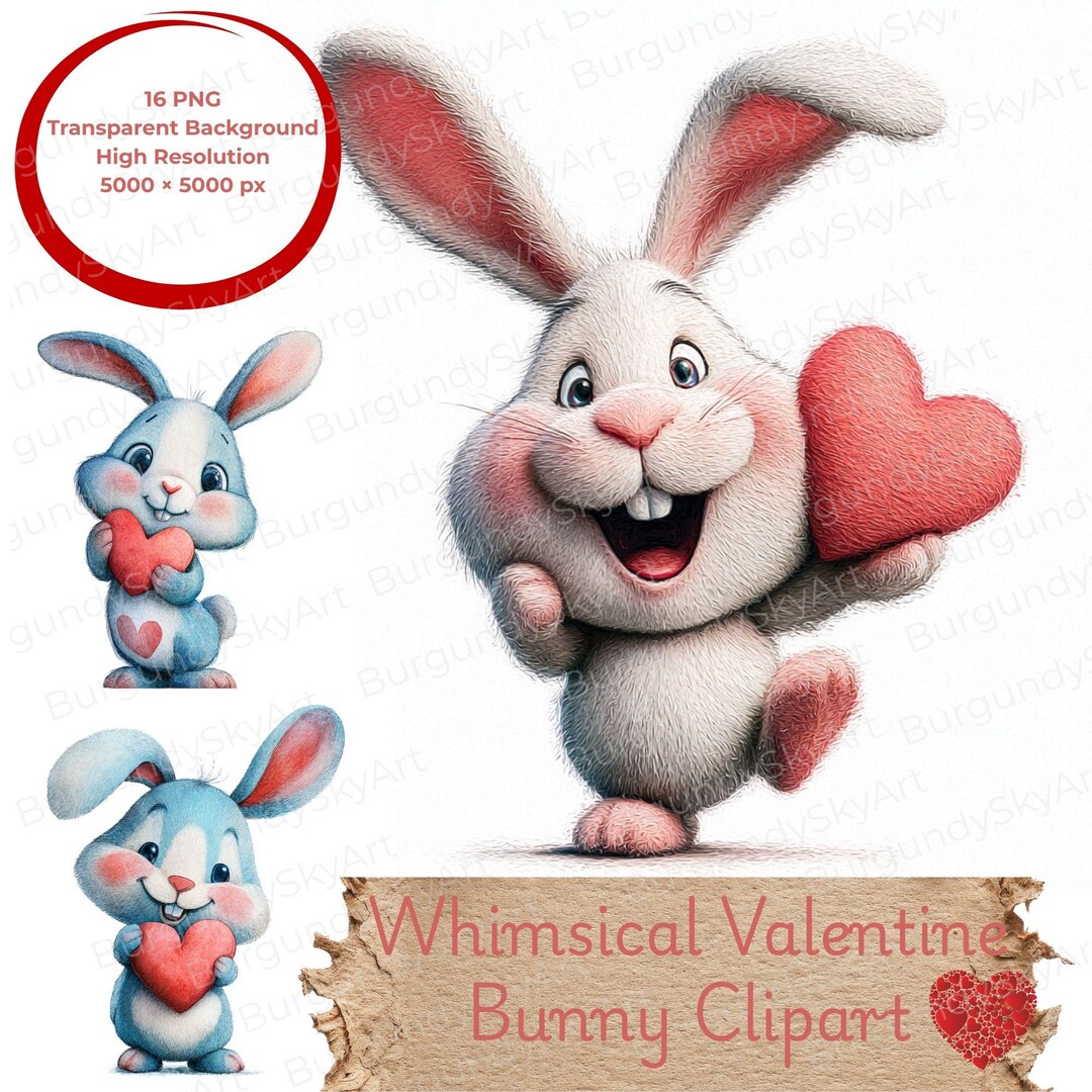 Whimsical Valentine Bunny Clipart – Cute Cartoon Rabbits With Hearts ...