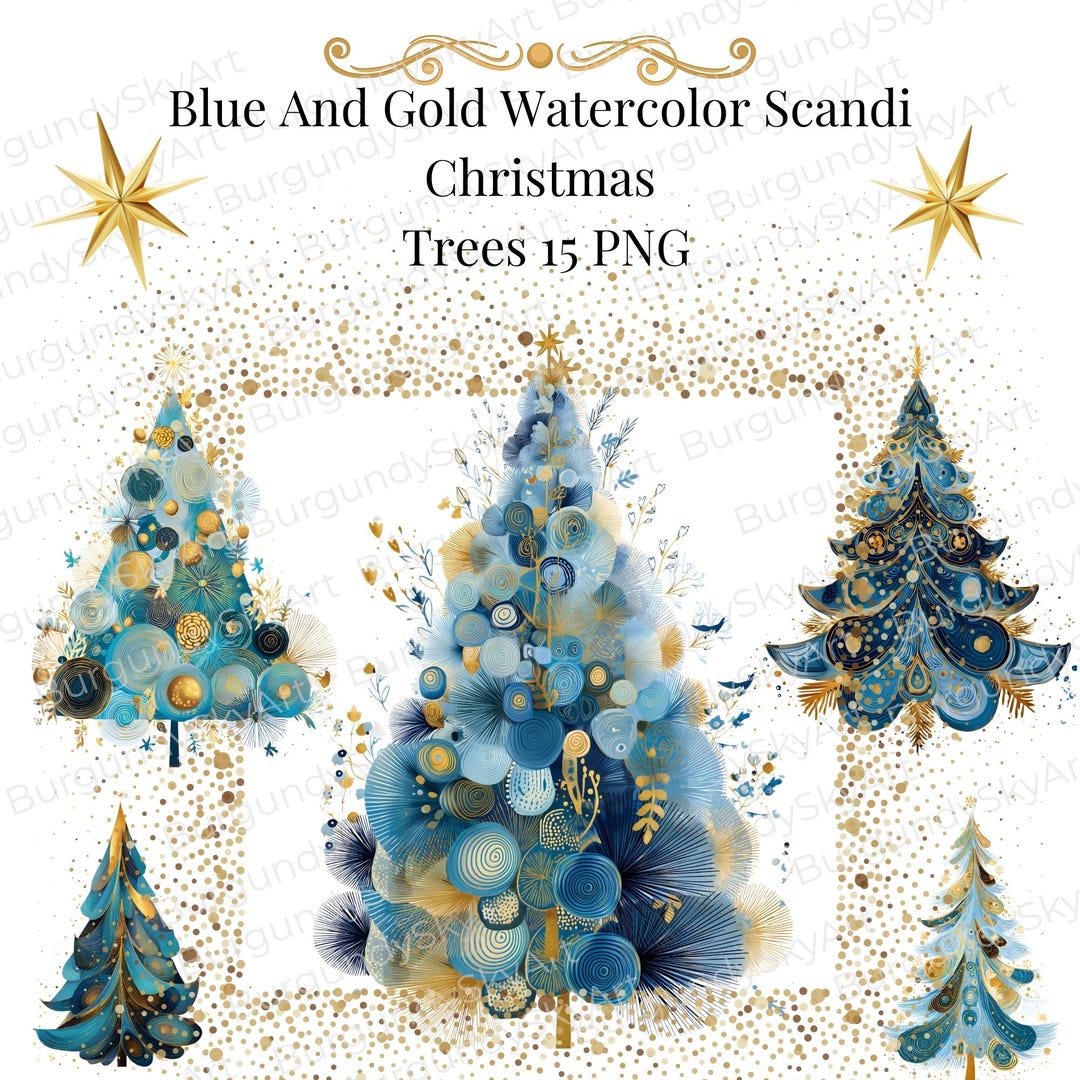 Scandi Christmas Tree Clipart Blue Gold Watercolor Trees PNG Scandi ...