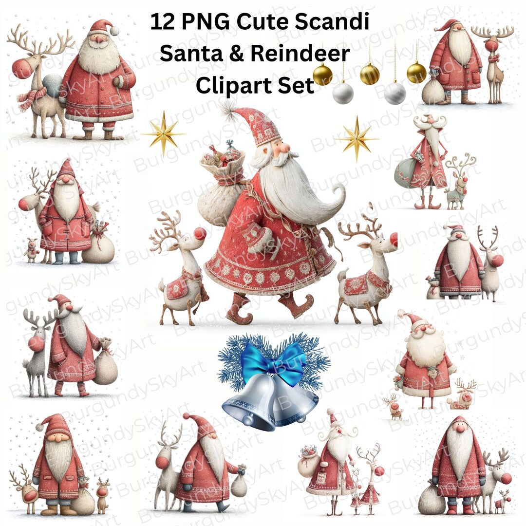 Scandi Christmas Santa Clipart With Reindeer, Cute Red Santa PNG Bundle ...