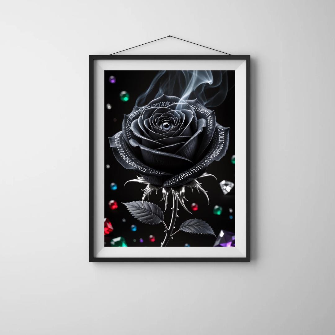 Binary Rose With Futuristic Eye Digital Wall Art | Cyber Floral Print ...