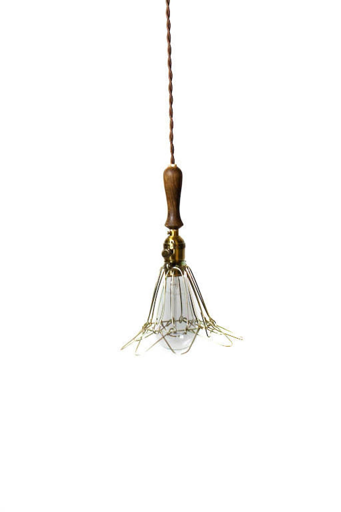 Antique Brass and Vintage Wood Handle Caged Trouble Light Pendant Shop ...