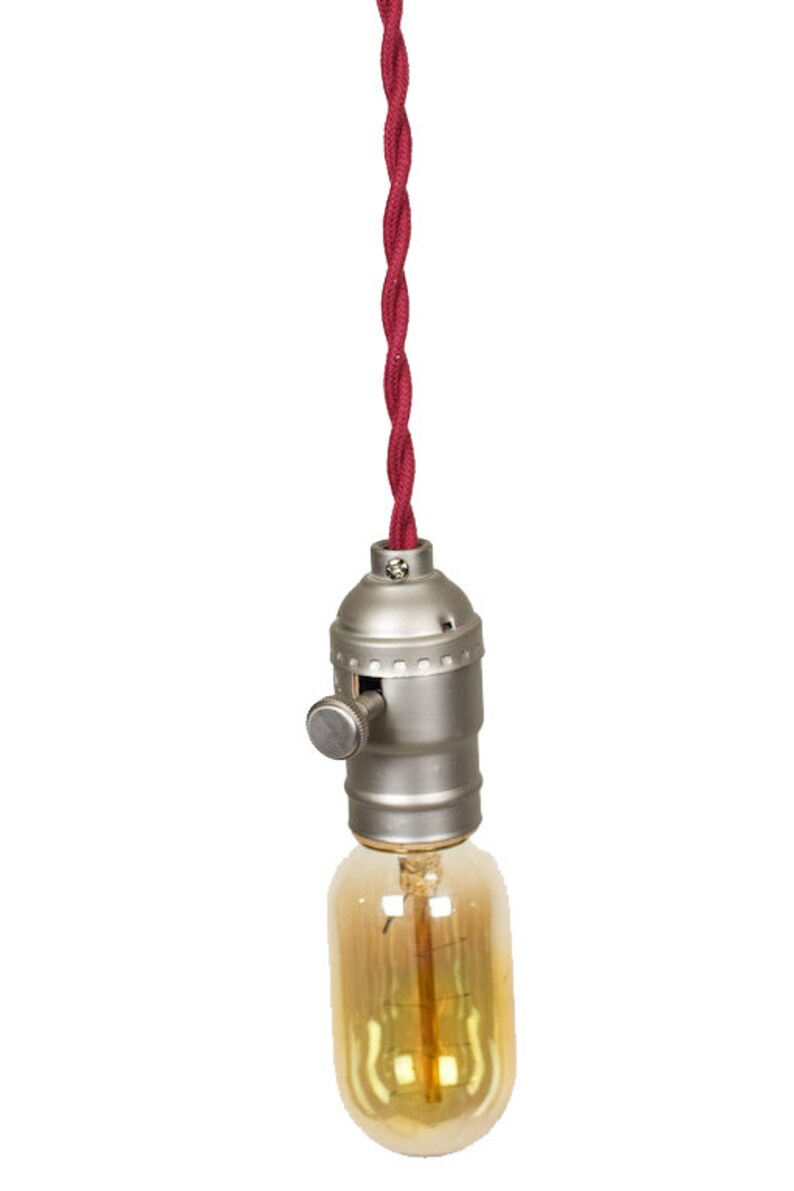 Bare Bulb Minimalist Brushed Silver Socket Colored Wire Pendant ( Wine ...