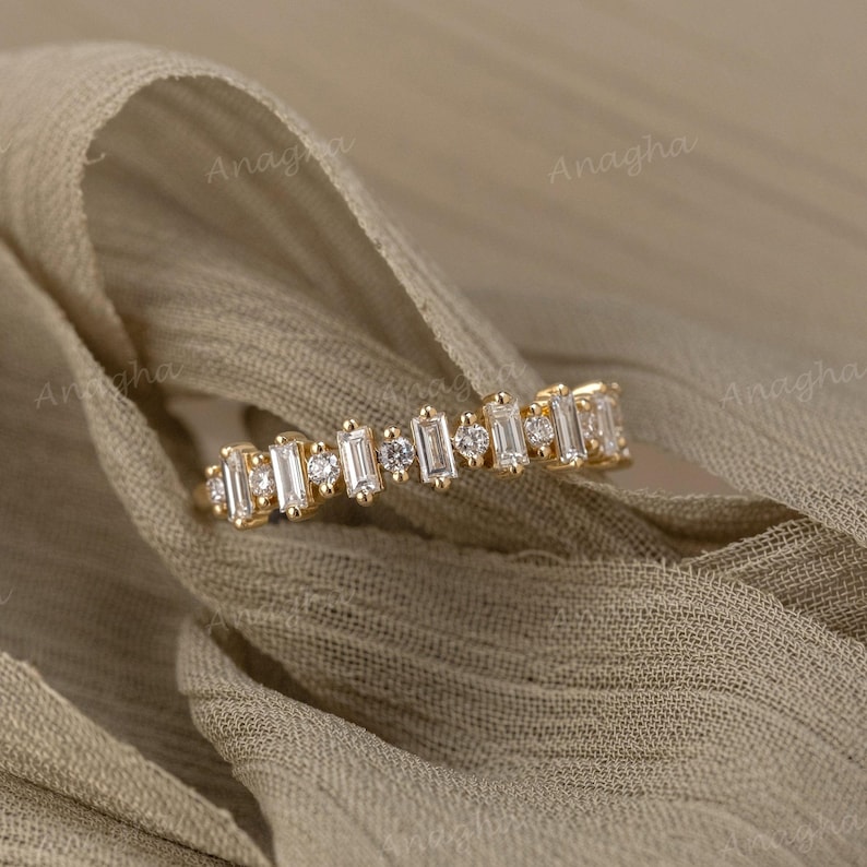 Baguette and Round Diamond Band – 14k Yellow Gold Wedding Ring ...
