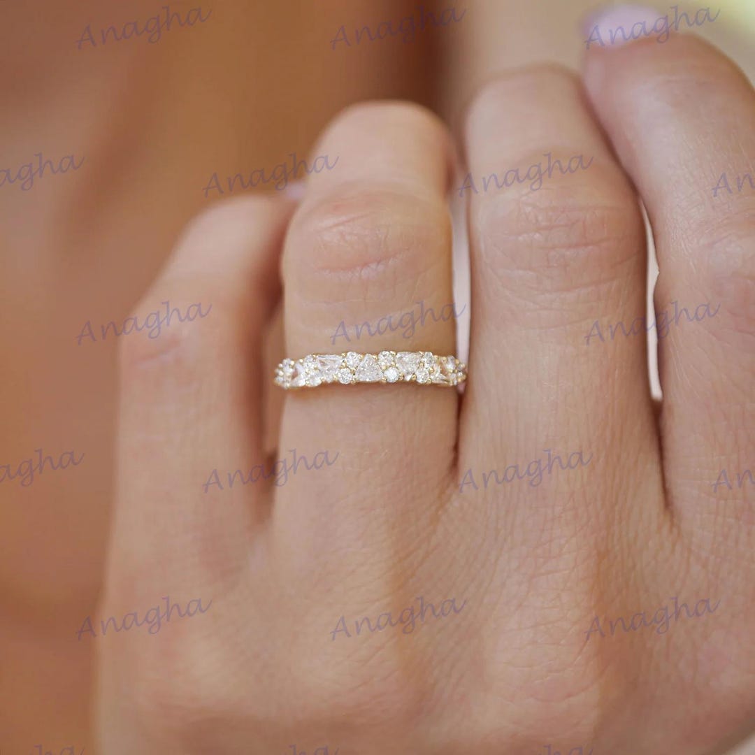 Solid Gold Trillion Moissanite Ring • Trillion & Round Alternating Band ...