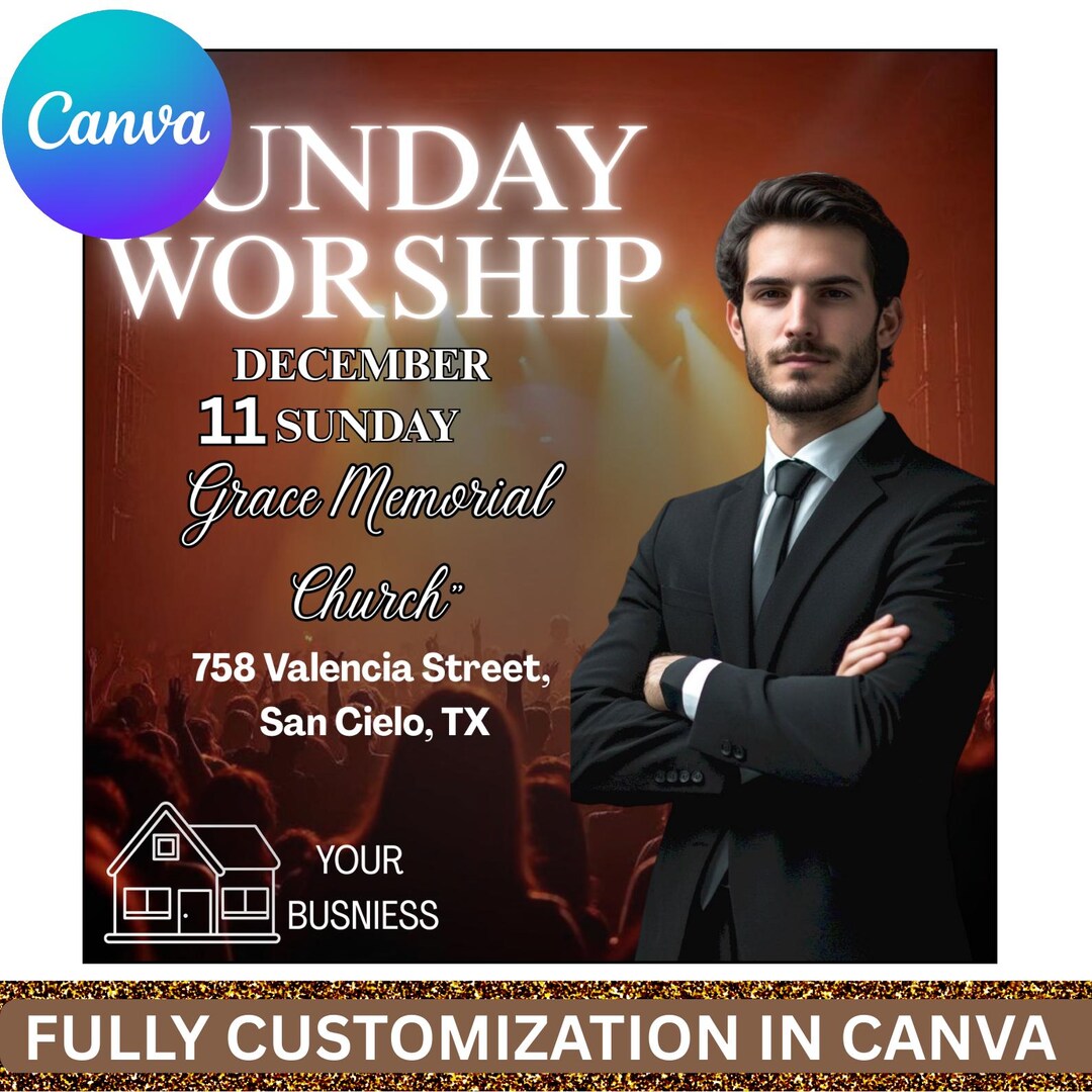 Modelo de panfleto editável para igreja: Culto de domingo, evento ...