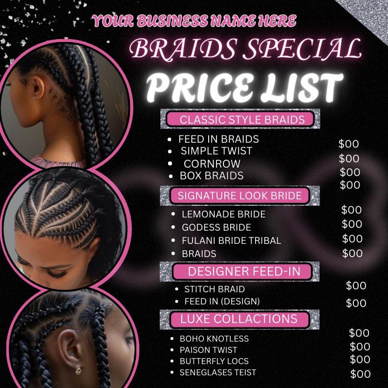 Braids Price List, Hairstyle Braiding Price Guide, Editable Flyer ...