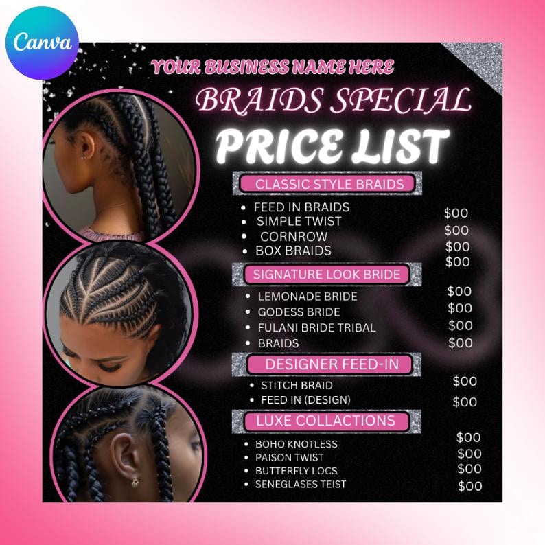 Braids Price List, Hairstyle Braiding Price Guide, Editable Flyer ...