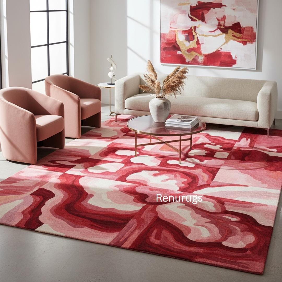 Handmade Abstract Red and Pink Wool Rug | Custom Size Modern Art Living ...