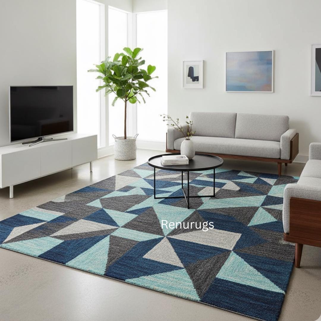 Modern Geometric Triangle Area Rug | Blue, Aqua, & Gray Abstract Art ...