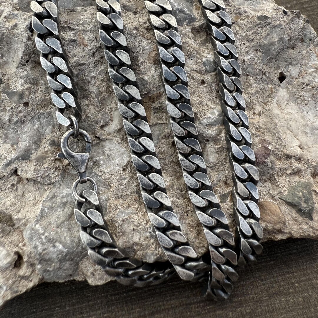 Oxidized Sterling Silver Cuban Link Chain, Solid Unisex Necklace 4mm ...