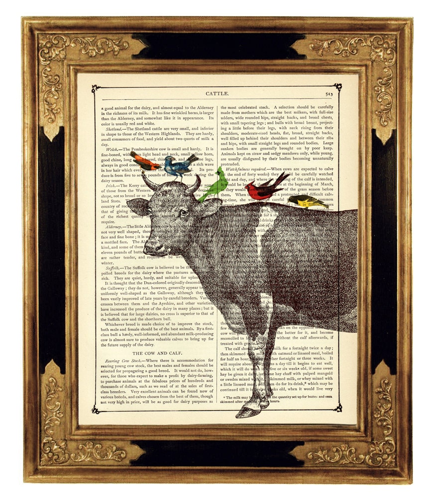 Cow With Birds Dictionary Art Country Chic Cottage Farm Poster | Etsy