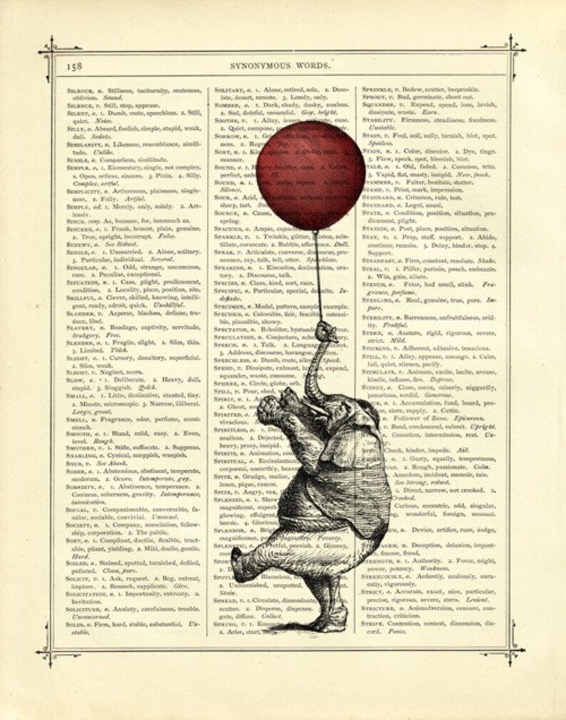 Elephant Art Print Red Balloon Dictionary - Vintage Victorian Book Page ...