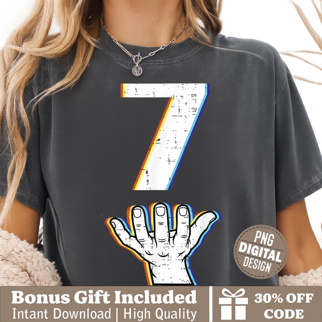 Retro 7 Hand Sign Png, Distressed Number Graphic With Color Outline ...
