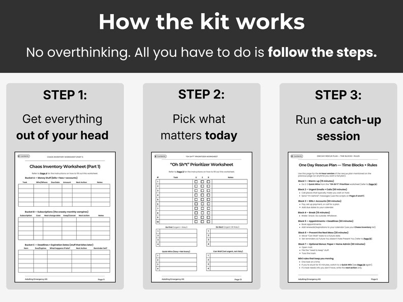 Adulting Emergency Kit Printable | Brain Dump Worksheets + Priority ...