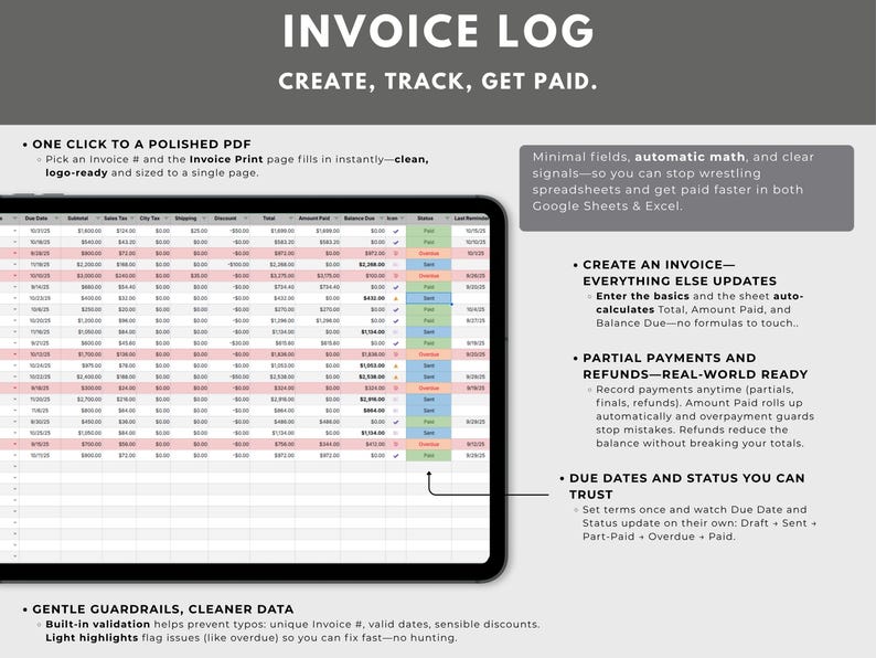 Invoice Tracker & Payment Log Spreadsheet – Google Sheets and Excel - Etsy