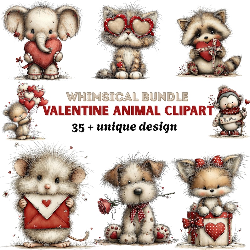 Animals Valentine Day Clipart: Whimsical Graphics (digital Download ...