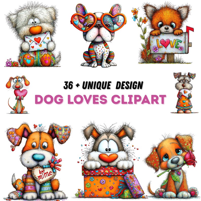 Whimsical Dogs Valentine's Day Clipart: Love Graphics (digital Download ...